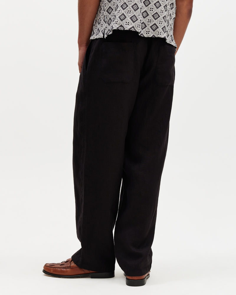 Men's Black Washed Linen Loose Fit Trousers & Wax London