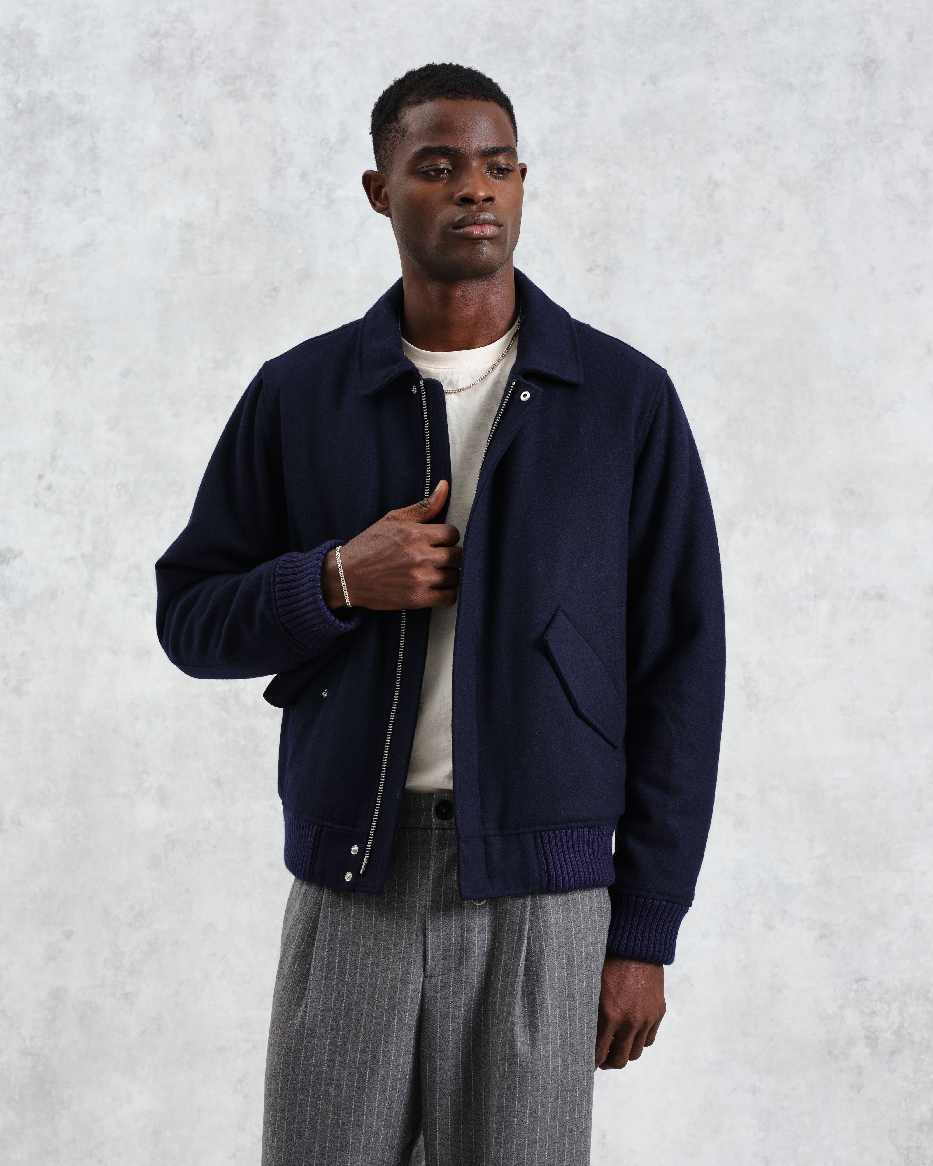 Men's Navy Wool Bomber Jacket & Wax London