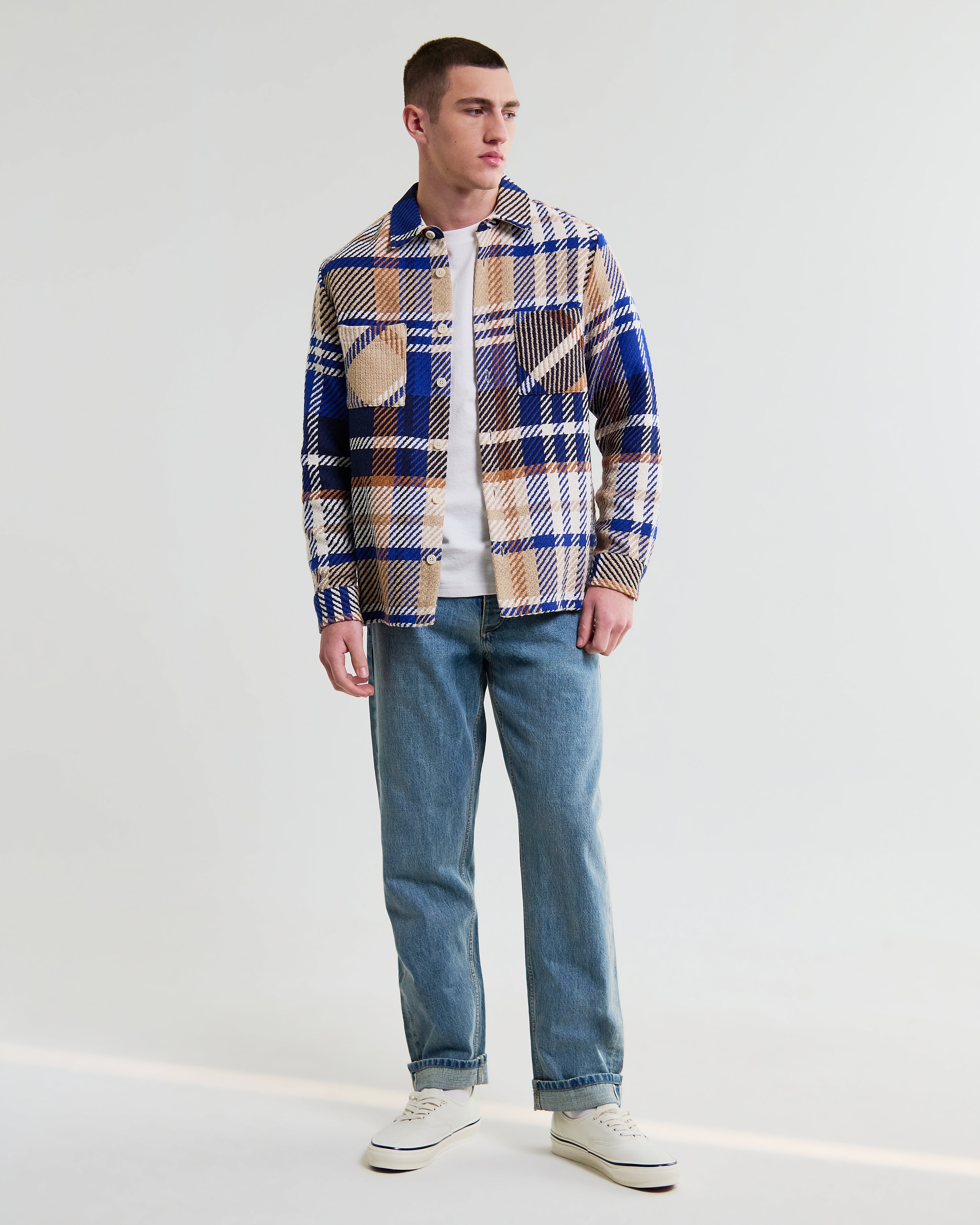 Men's Blue And Tan Bold Check Overshirt & Wax London