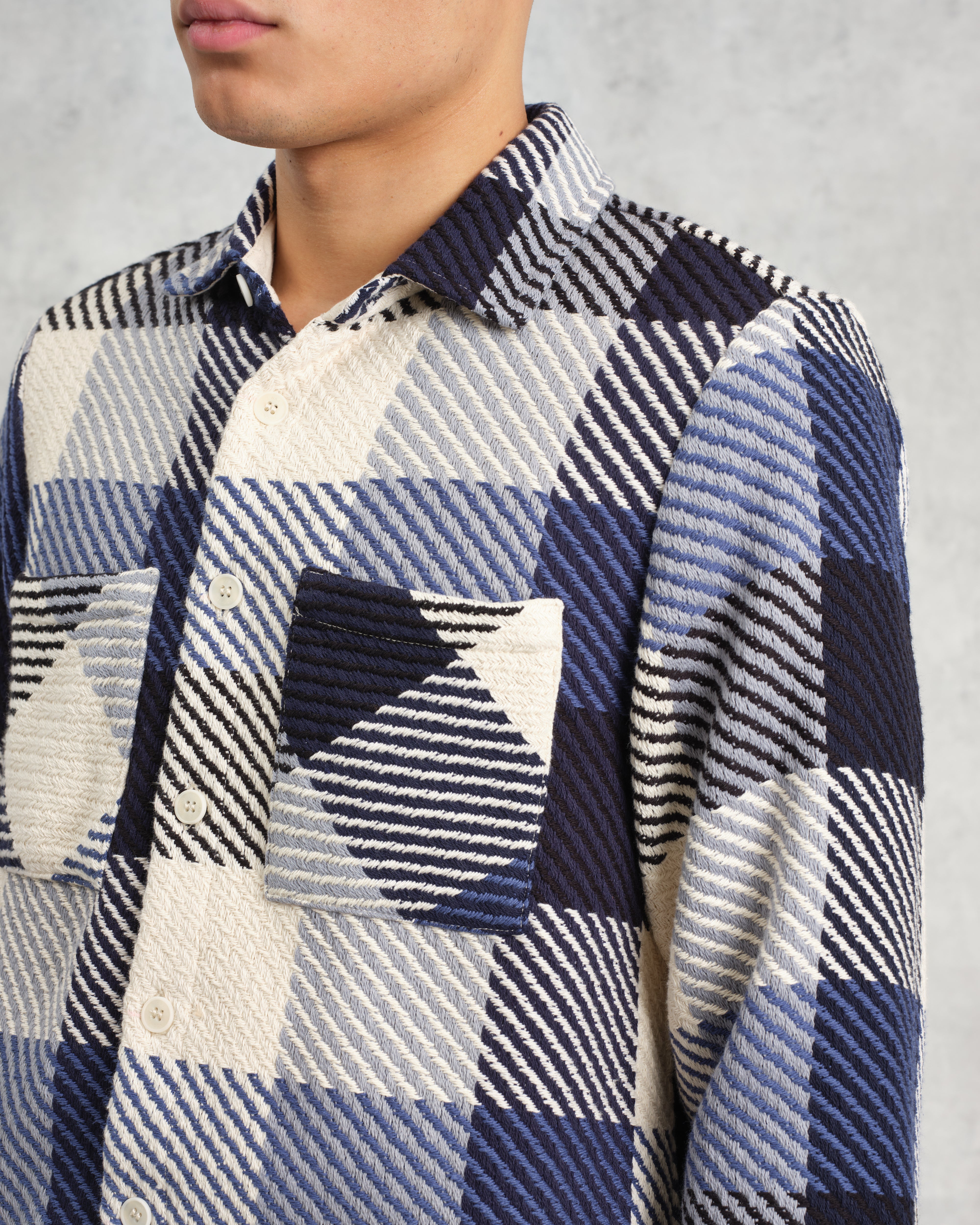 Men's Navy And Ecru Block Check Overshirt & Wax London
